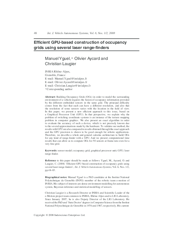 Pdf Efficient Gpu Based Construction Of Occupancy Grids Using Several Laser Range Finders