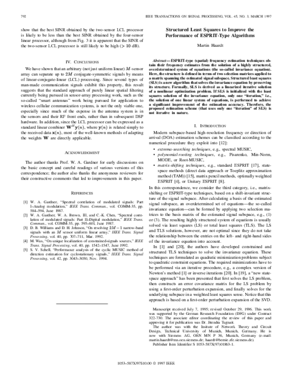 Pdf Structured Least Squares To Improve The Performance Of Esprit Type Algorithms J Nossek