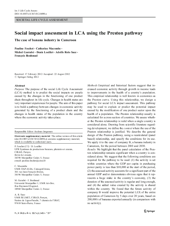(PDF) Social impact assessment in LCA using the Preston pathway