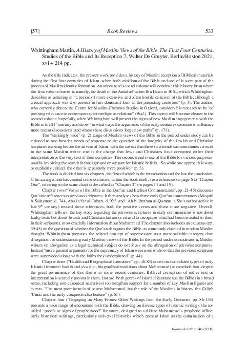 (PDF) Review of Martin WHITTINGHAM (2021) A History of Muslim Views of the Bible-The First Four ...