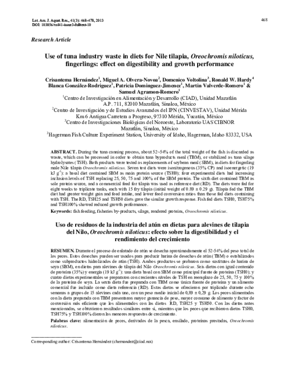 (PDF) Use of tuna industry waste in diets for Nile tilapia, Oreochromis ...