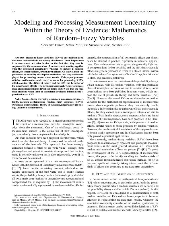 (PDF) Modeling and Processing Measurement Uncertainty Within the Theory of Evidence: Mathematics ...