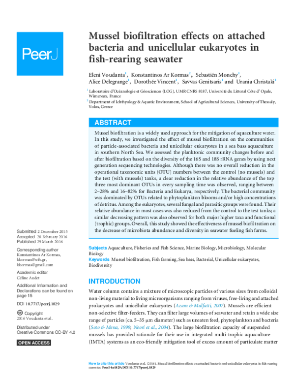 (PDF) Mussel biofiltration effects on attached bacteria and unicellular ...