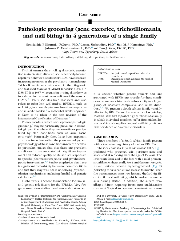 Pathologic grooming (acne excoriee, trichotillomania, and nail biting ...