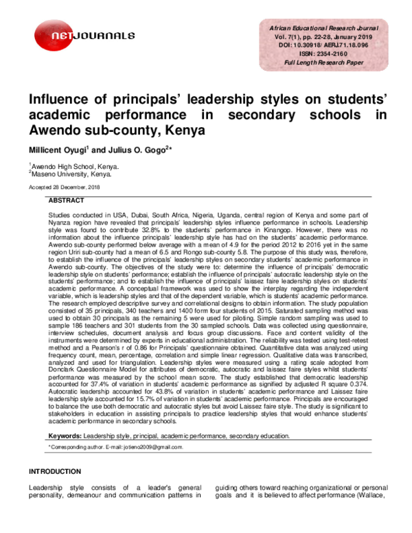 (PDF) Influence of principals’ leadership styles on students’ academic ...