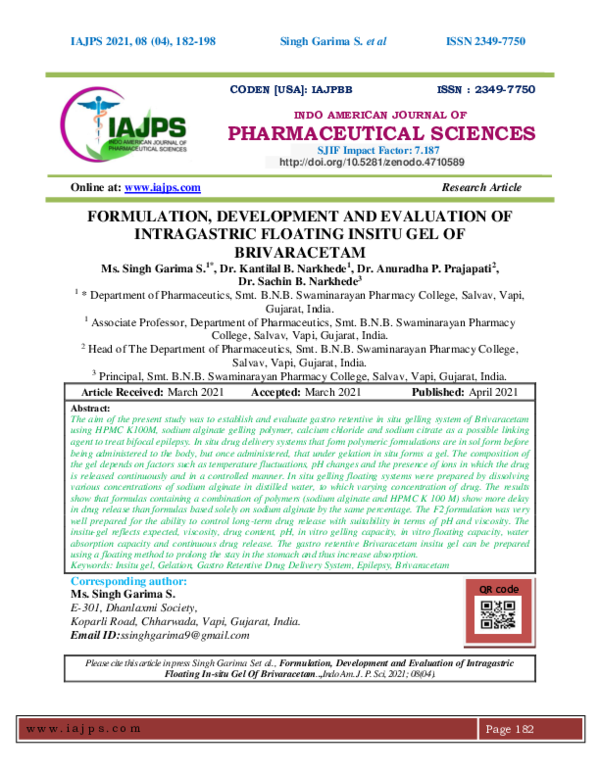 Pdf Formulation Development And Evaluation Of Intragastric Floating Insitu Gel Of Brivaracetam