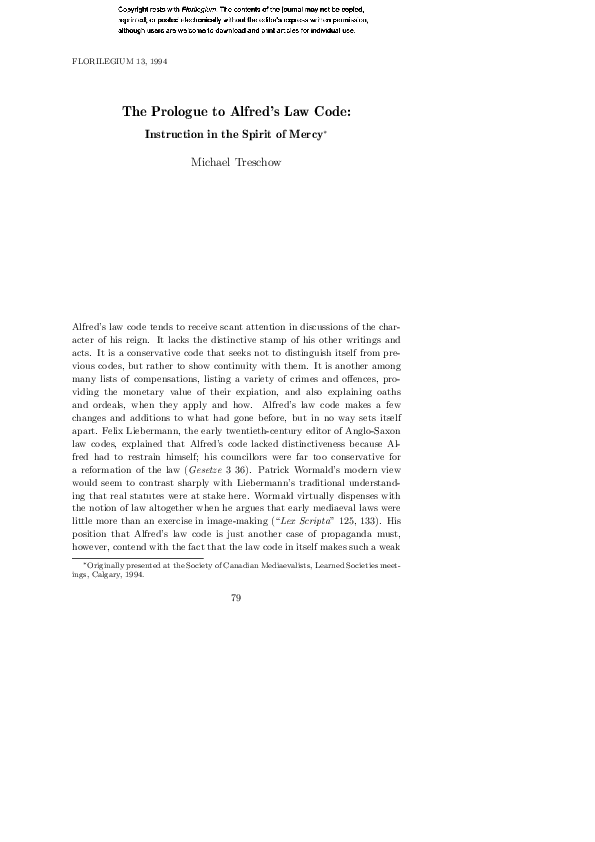 (PDF) The Prologue to Alfred's Law Code: Instruction in the Spirit of Mercy