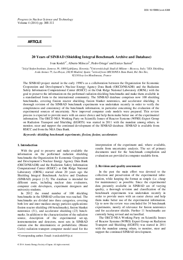 (PDF) 20 Years of SINBAD (Shielding Integral Benchmark Archive and Database)