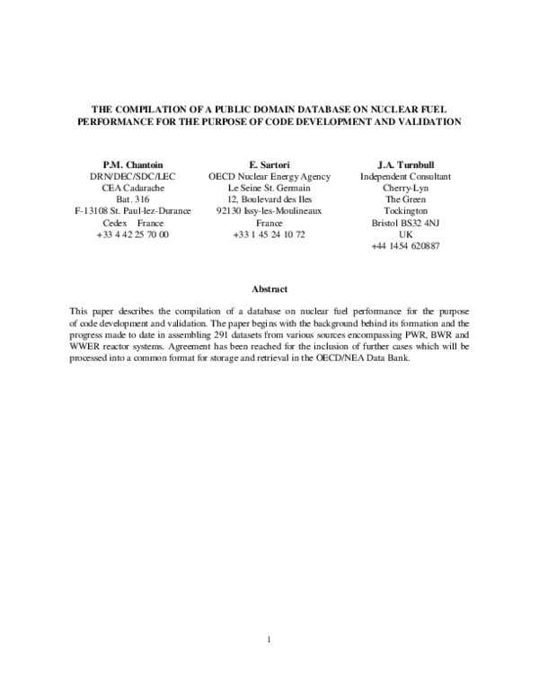 (PDF) The Compilation of a Public Domain Database on Nuclear Fuel Performance for the Purpose of ...