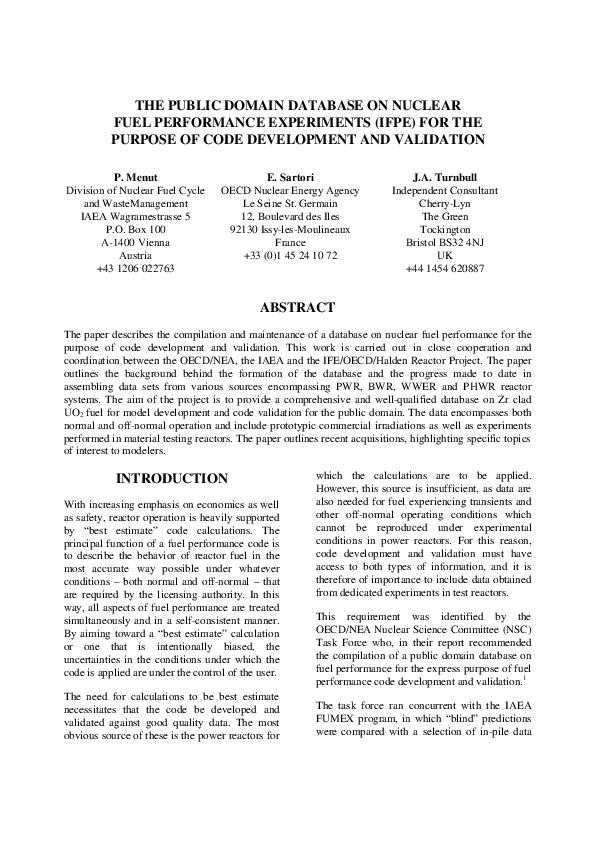 (PDF) The Public Domain Database on Nuclear Fuel Performance Experiments (Ifpe) for the Purpose ...