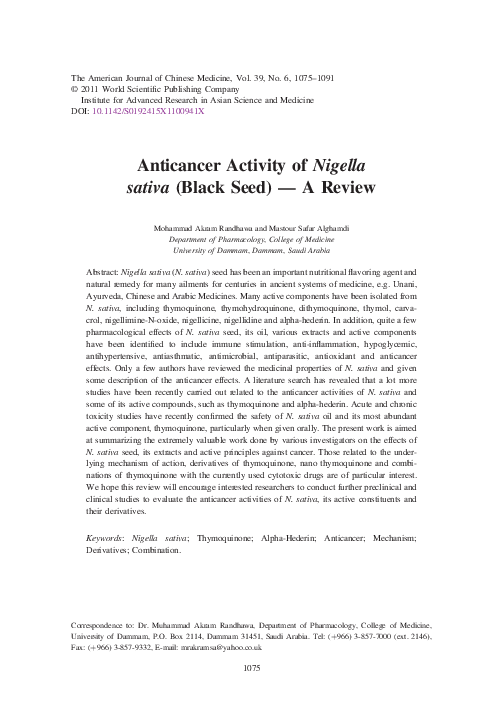 (PDF) Anticancer Activity of Nigella sativa (Black Seed) — A Review