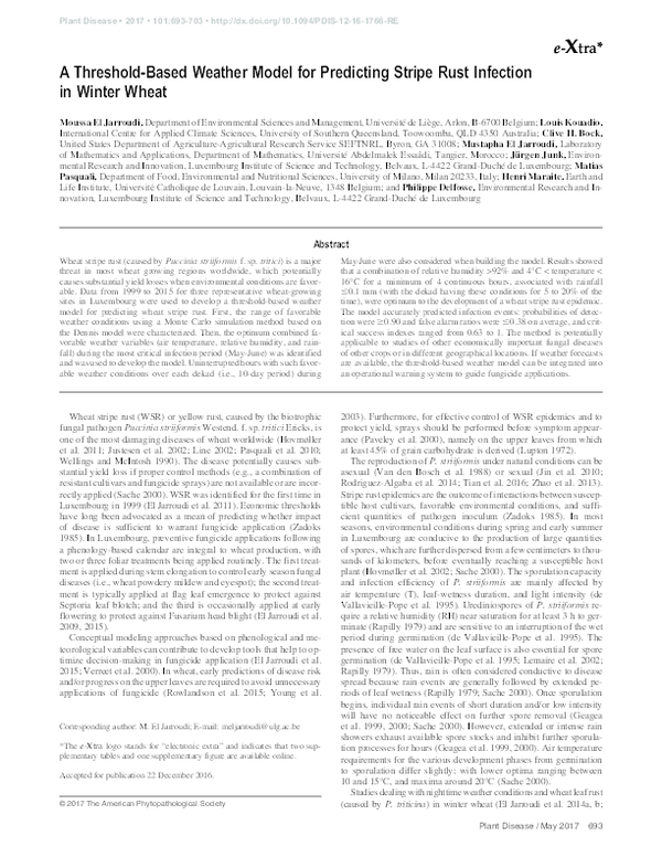 Pdf A Threshold Based Weather Model For Predicting Stripe Rust Infection In Winter Wheat