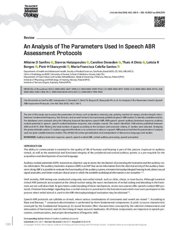 (PDF) An Analysis of The Parameters Used In Speech ABR Assessment Protocols