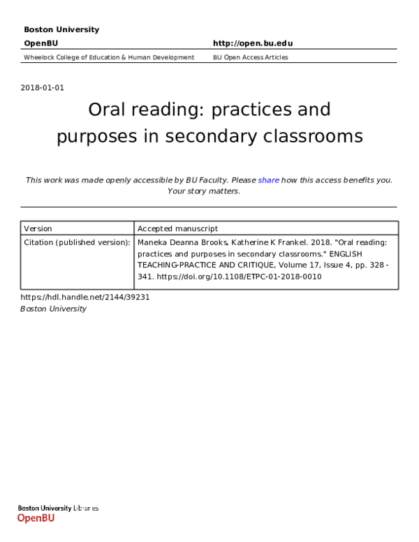 (PDF) Oral reading: practices and purposes in secondary classrooms