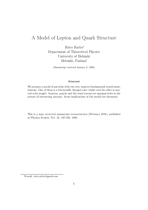 (PDF) A Model of Lepton and Quark Structure