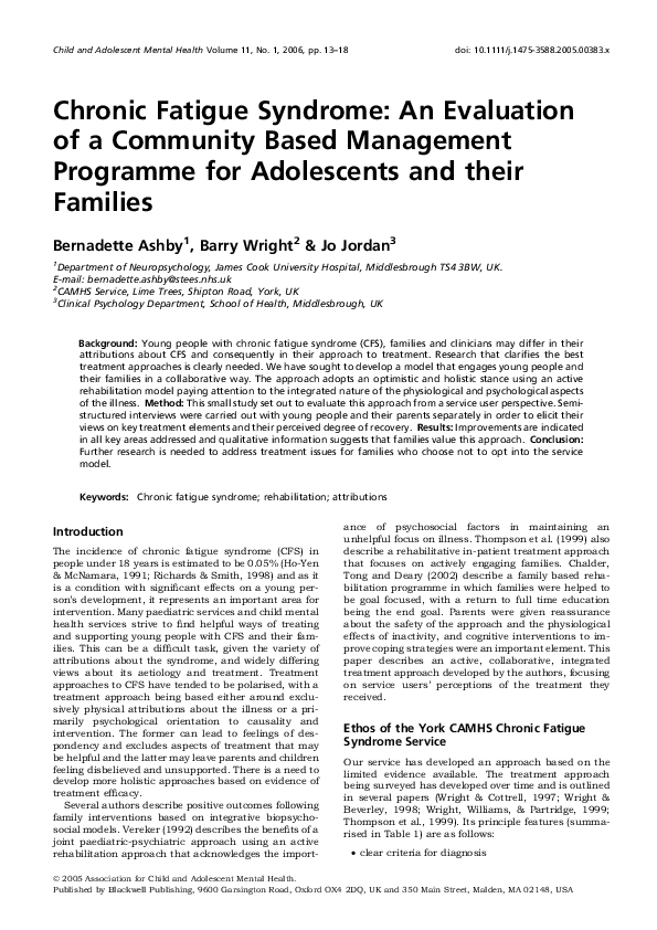 (PDF) Chronic Fatigue Syndrome: An Evaluation of a Community Based ...