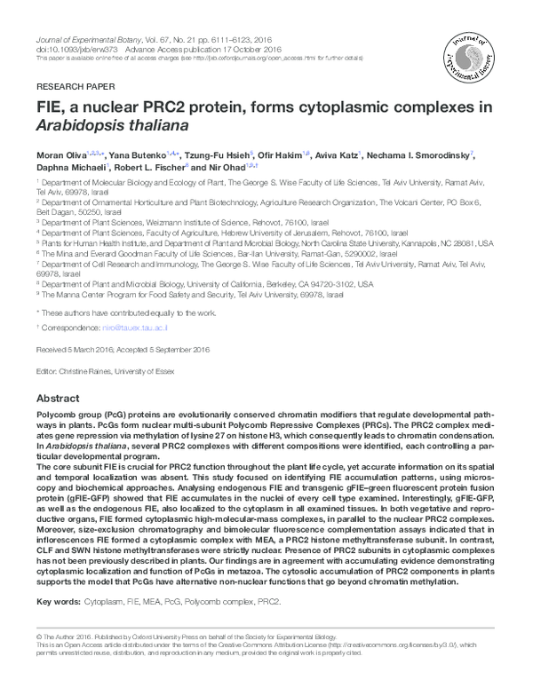 (PDF) FIE, a nuclear PRC2 protein, forms cytoplasmic complexes in ...