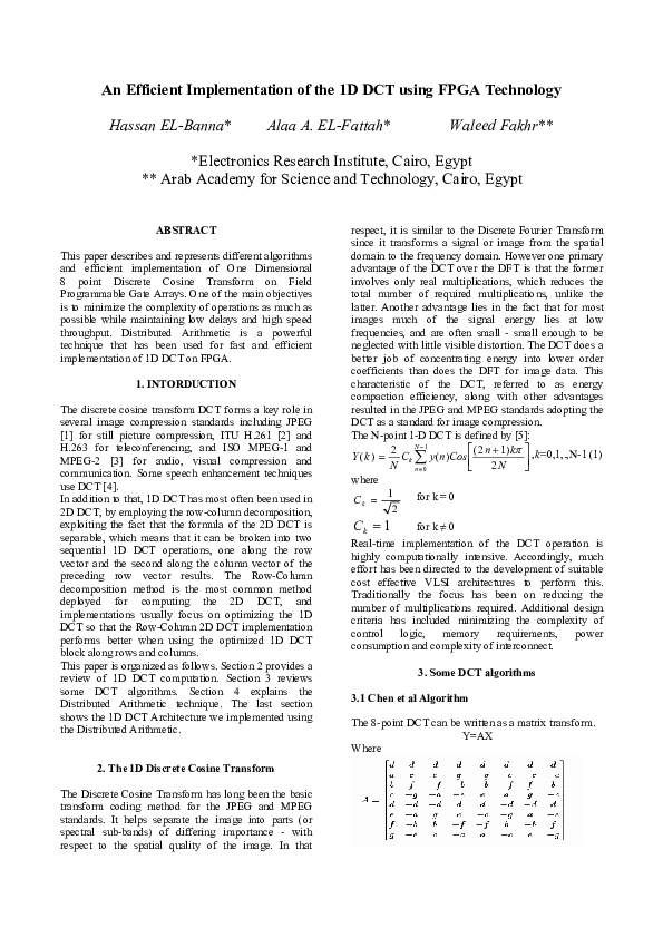 Pdf An Efficient Implementation Of The 1d Dct Using Fpga Technology