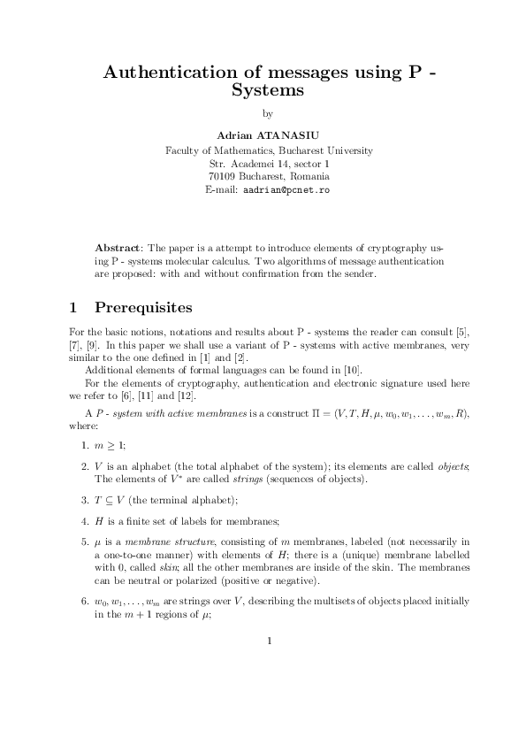 (PDF) Authentication of Messages Using P Systems
