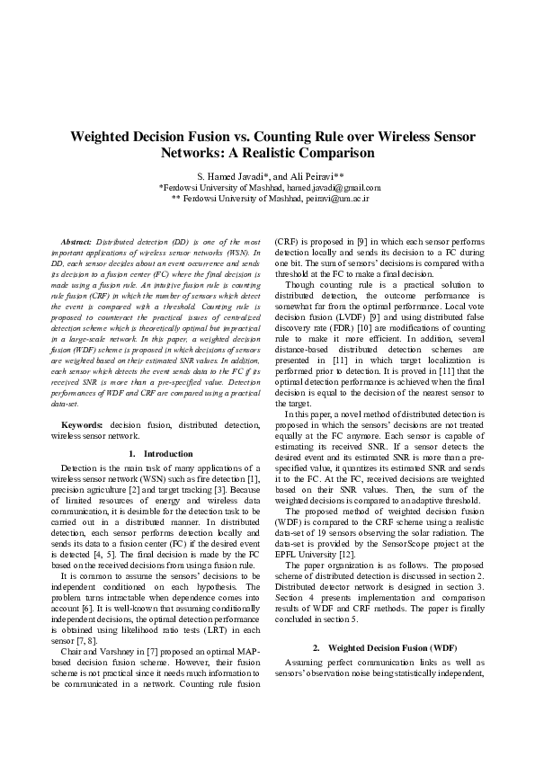 Pdf Weighted Decision Fusion Vs Counting Rule Over Wireless Sensor Networks A Realistic