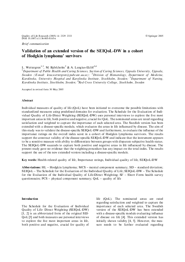 (PDF) Validation of an Extended Version of the SEIQoL-DW in a Cohort of ...