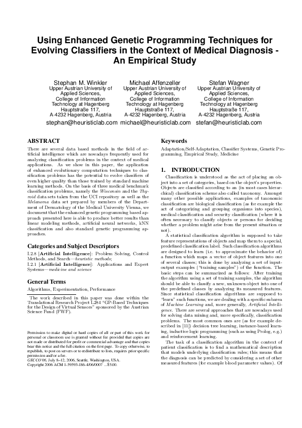Pdf Using Enhanced Genetic Programming Techniques For Evolving Classifiers In The Context Of