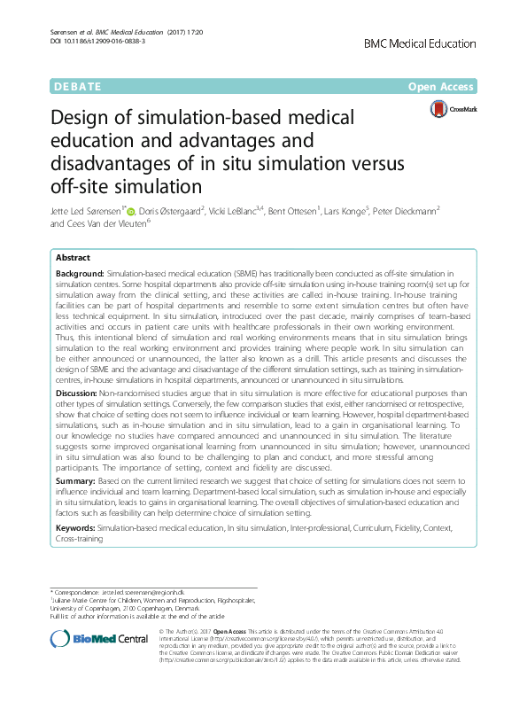 (PDF) Design of simulation-based medical education and advantages and disadvantages of in situ ...