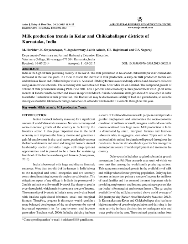 (PDF) Milk production trends in Kolar and Chikkaballapur districts of ...