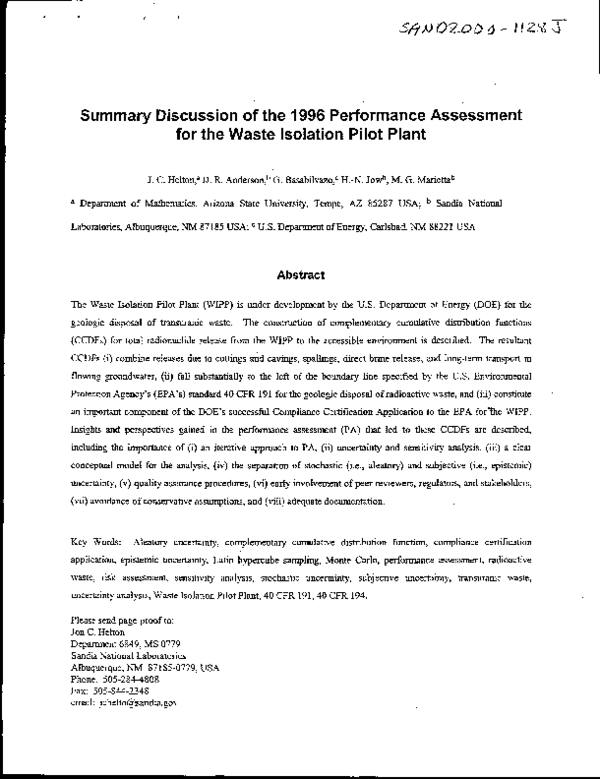(PDF) Summary discussion of the 1996 performance assessment for the ...