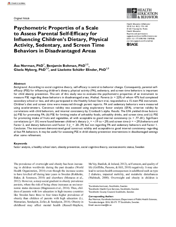 (PDF) Psychometric Properties of a Scale to Assess Parental Self-Efficacy for Influencing ...
