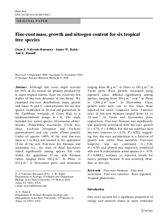 (PDF) Fine-root biomass and dynamics of six tropical tree species