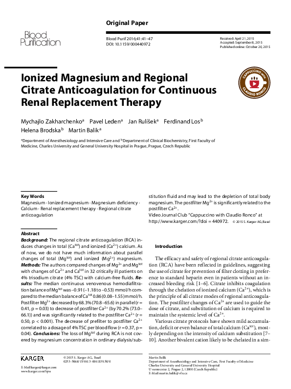 (PDF) Ionized Magnesium and Regional Citrate Anticoagulation for ...