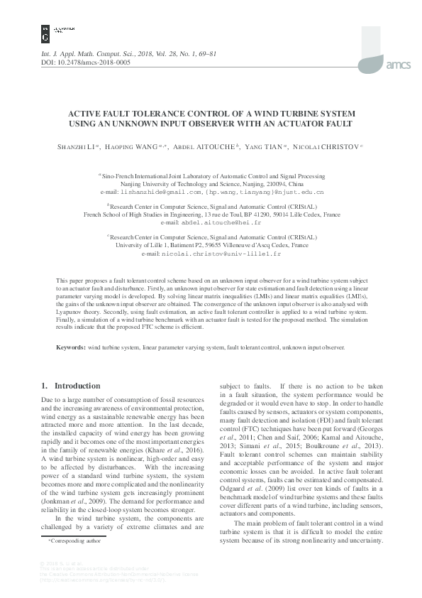 Pdf Active Fault Tolerance Control Of A Wind Turbine System Using An Unknown Input Observer