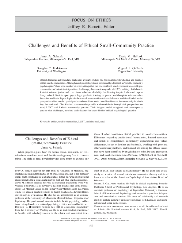 (PDF) Challenges and benefits of ethical small-community practice