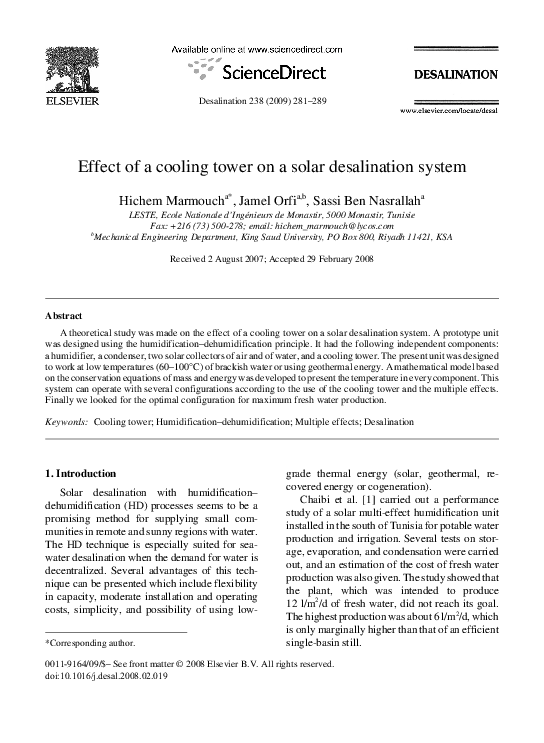 (PDF) Effect of a cooling tower on a solar desalination system | Jamel ...