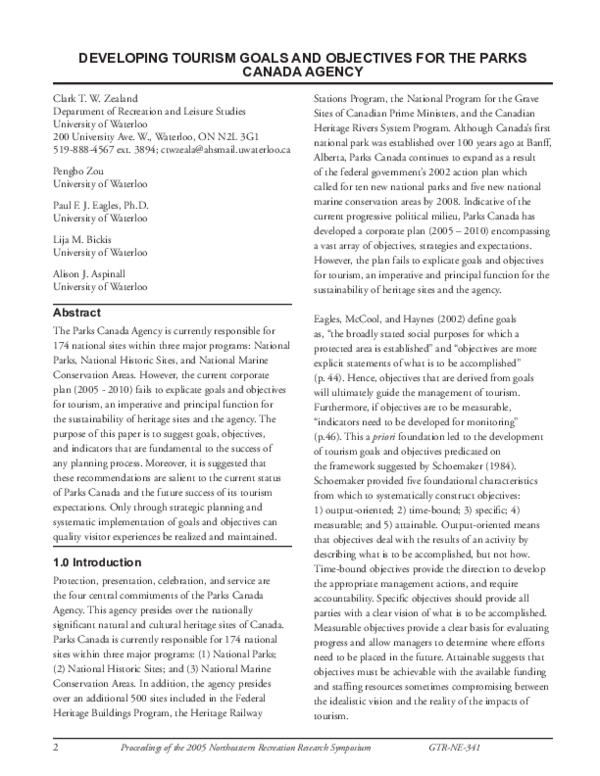 (PDF) Developing Tourism Goals and Objectives for the Parks Canada Agency