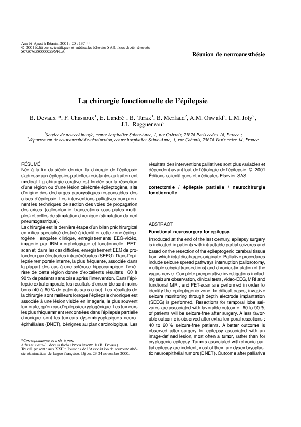 (PDF) La chirurgie fonctionnelle de l’épilepsie