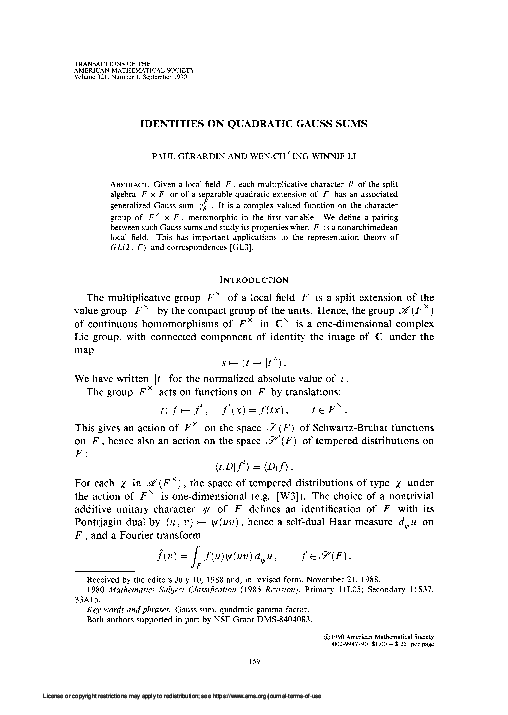 (PDF) Identities on quadratic Gauss sums