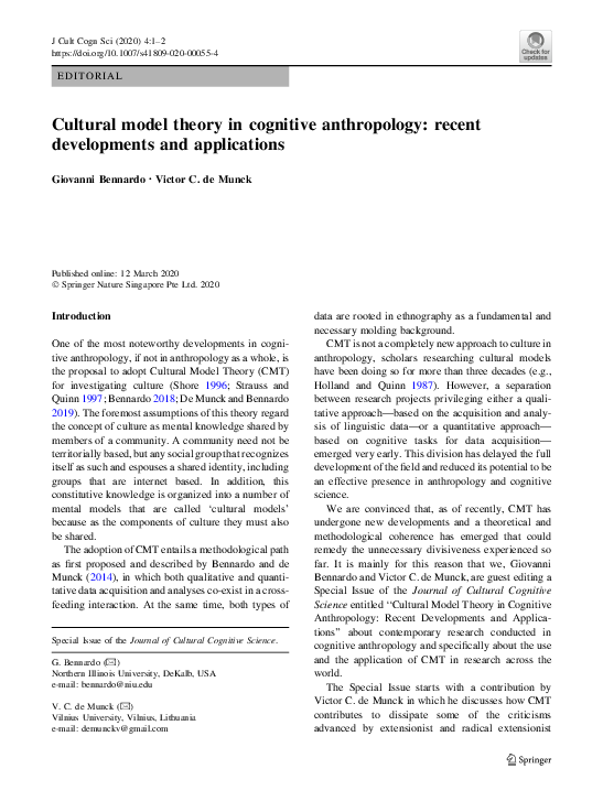 (PDF) Cultural model theory in cognitive anthropology: recent ...