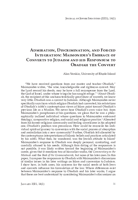 (PDF) Admiration, Discrimination, and Forced Integration: Maimonides's ...
