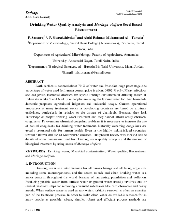 Pdf Drinking Water Quality Analysis And Moringa Oleifera Seed Based