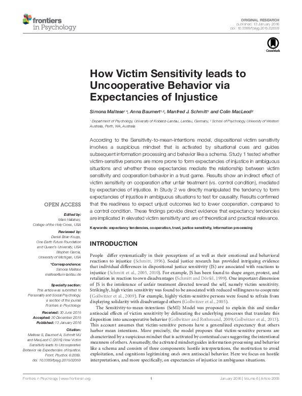 (PDF) How Victim Sensitivity leads to Uncooperative Behavior via ...