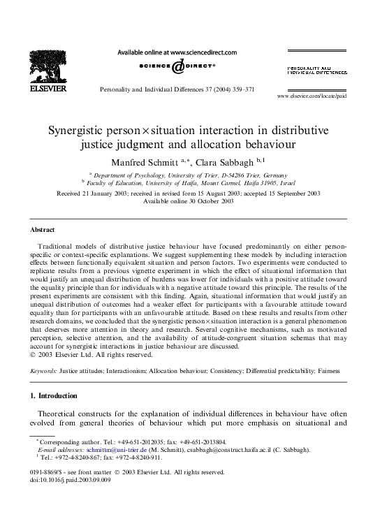 (PDF) Synergistic Person x Situation Interaction in Distributive ...