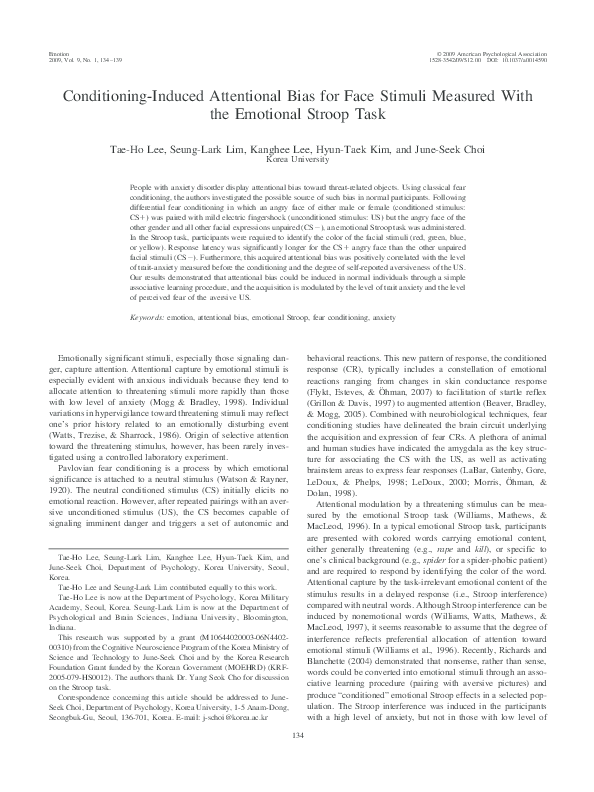 Pdf Conditioning Induced Attentional Bias For Face Stimuli Measured With The Emotional Stroop Task