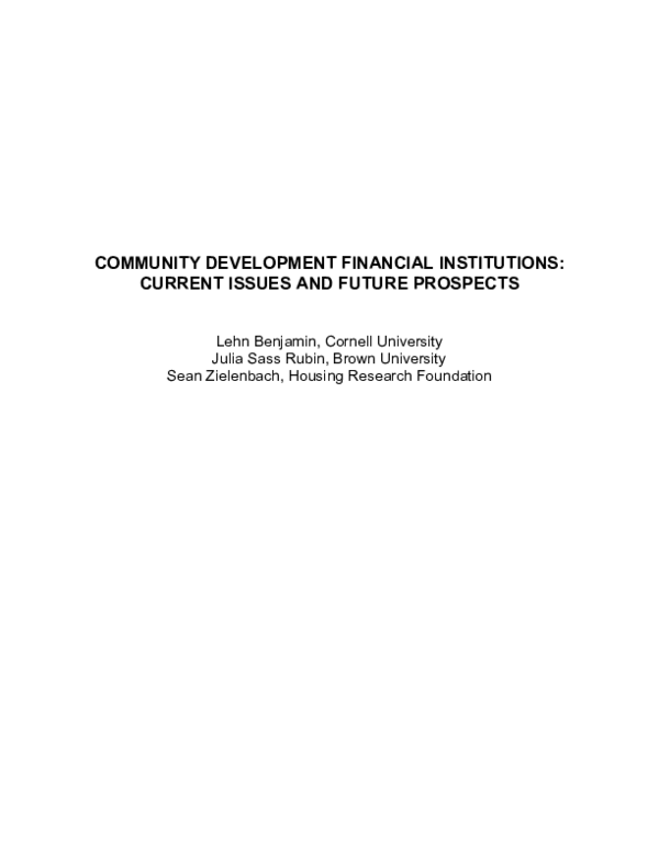 (PDF) Community Development Financial Institutions: Current Issues and ...