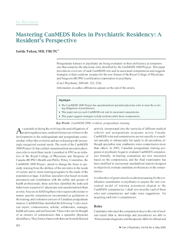 (PDF) Mastering CanMEDS roles in psychiatric residency: a resident's ...