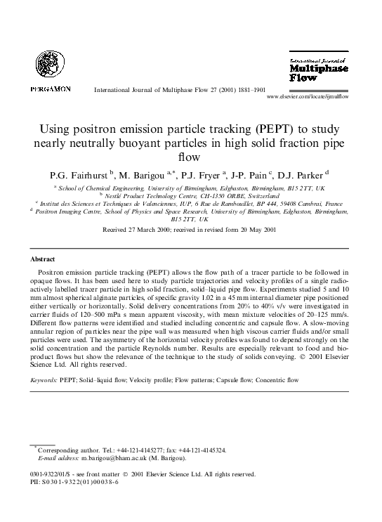 (PDF) Using positron emission particle tracking (PEPT) to study the turbulent flow in a baffled ...