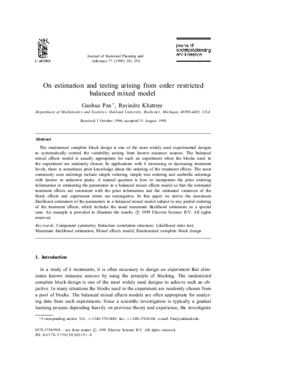 Pdf On Estimation And Testing Arising From Order Restricted Balanced Mixed Model Ravindra