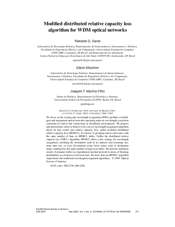(PDF) Modified distributed relative capacity loss algorithm for WDM optical networks | Joaquim F ...