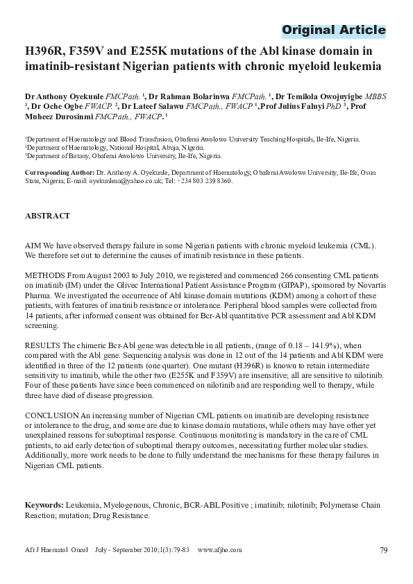 (PDF) H396R, F359V and E255K mutations of the Abl kinase domain in ...
